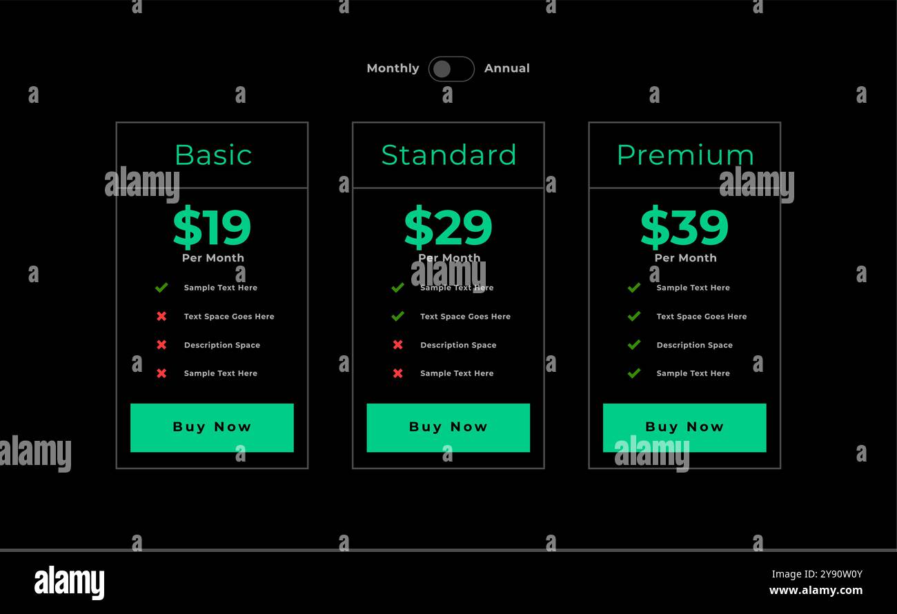 3 column pricing chart table dark template for website app vector Stock Vector Image & Art - Alamy