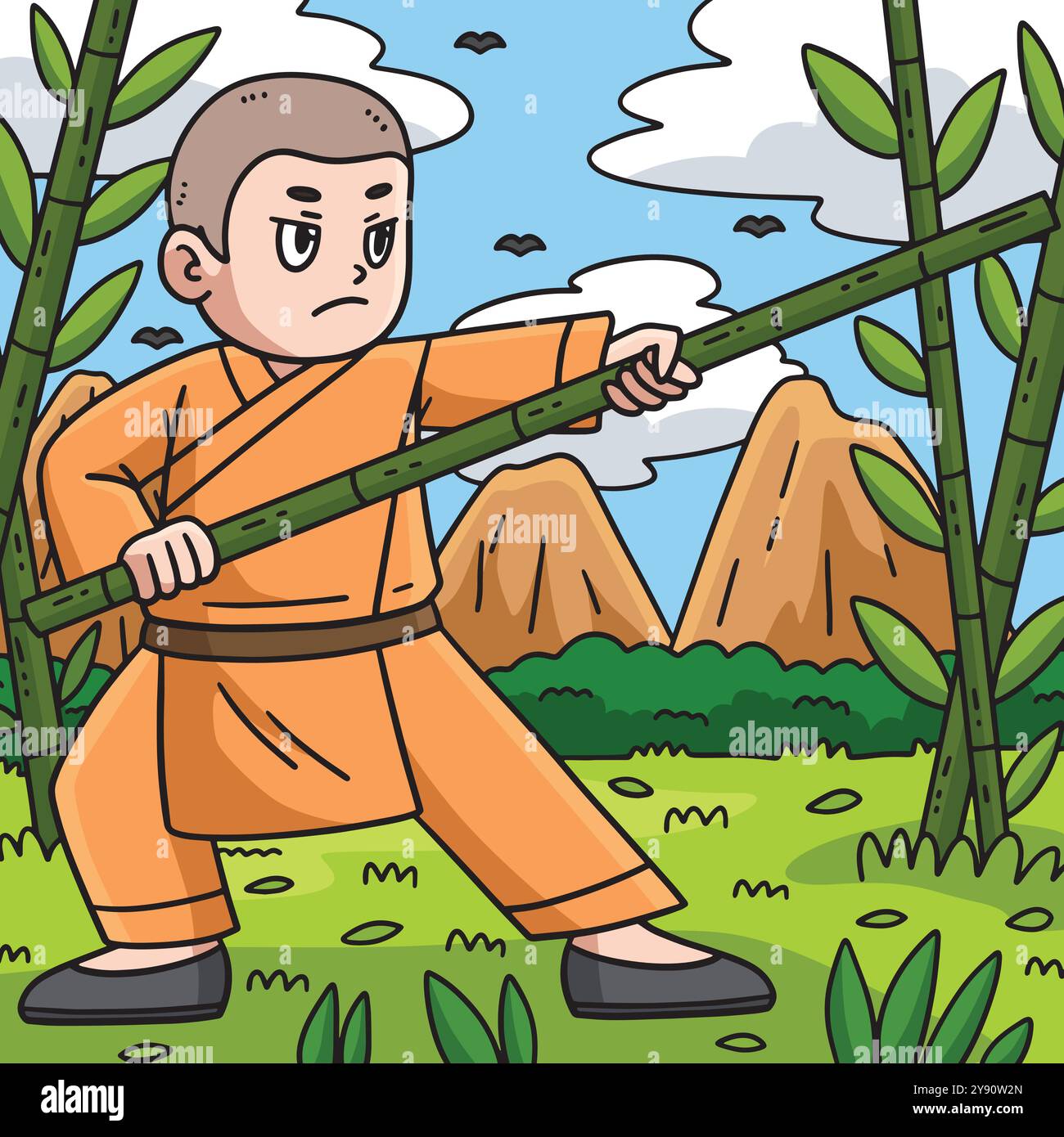 Buddhism Shaolin Monk Bamboo Stick Colored Page Stock Vector Image ...
