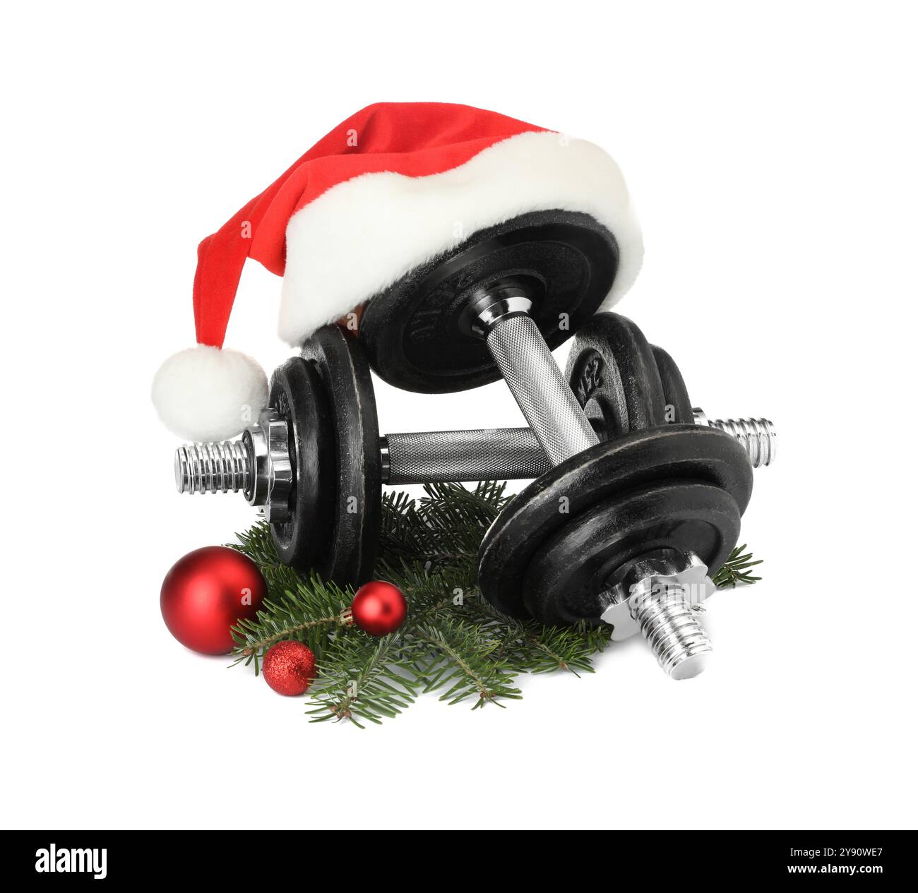 Dumbbells and Christmas decor isolated on white Stock Photo - Alamy