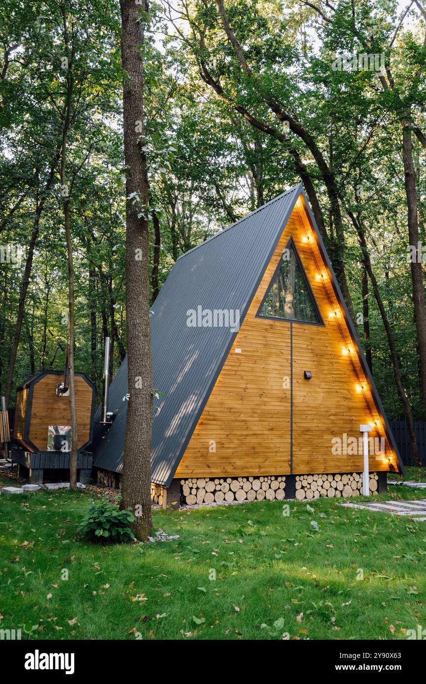 Modern A-frame cabins with glowing string lights in forest environment ...