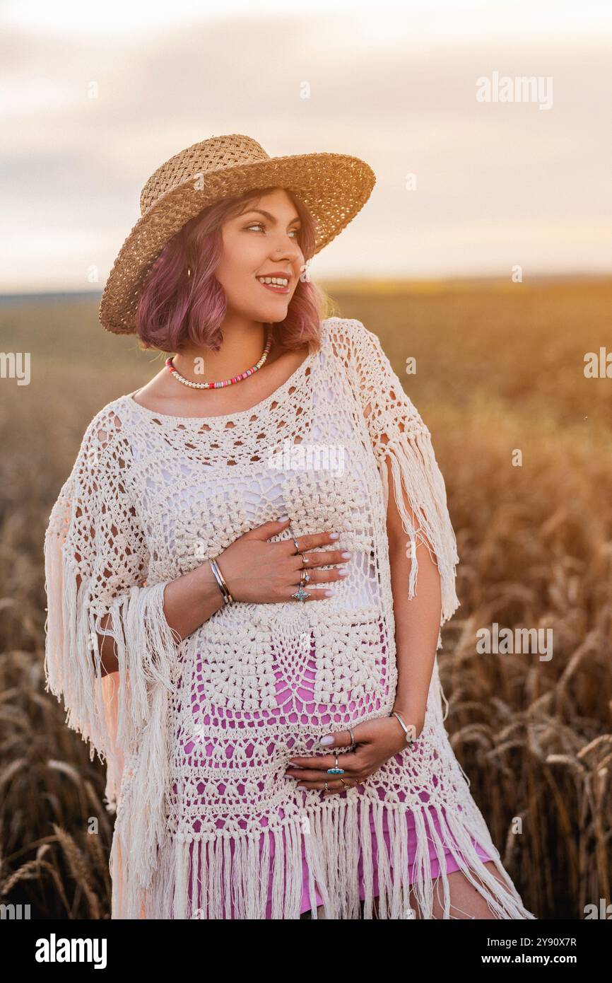 Beautiful Hippie Pregnant Woman With Baby Bump Belly On Nature ...
