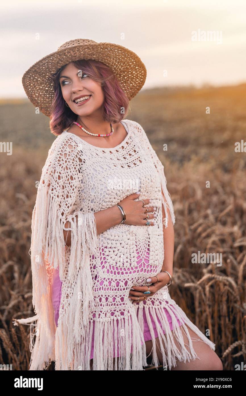 Bohemian Style Dressed Pregnant Hippie Woman Holding Belly, Natural ...