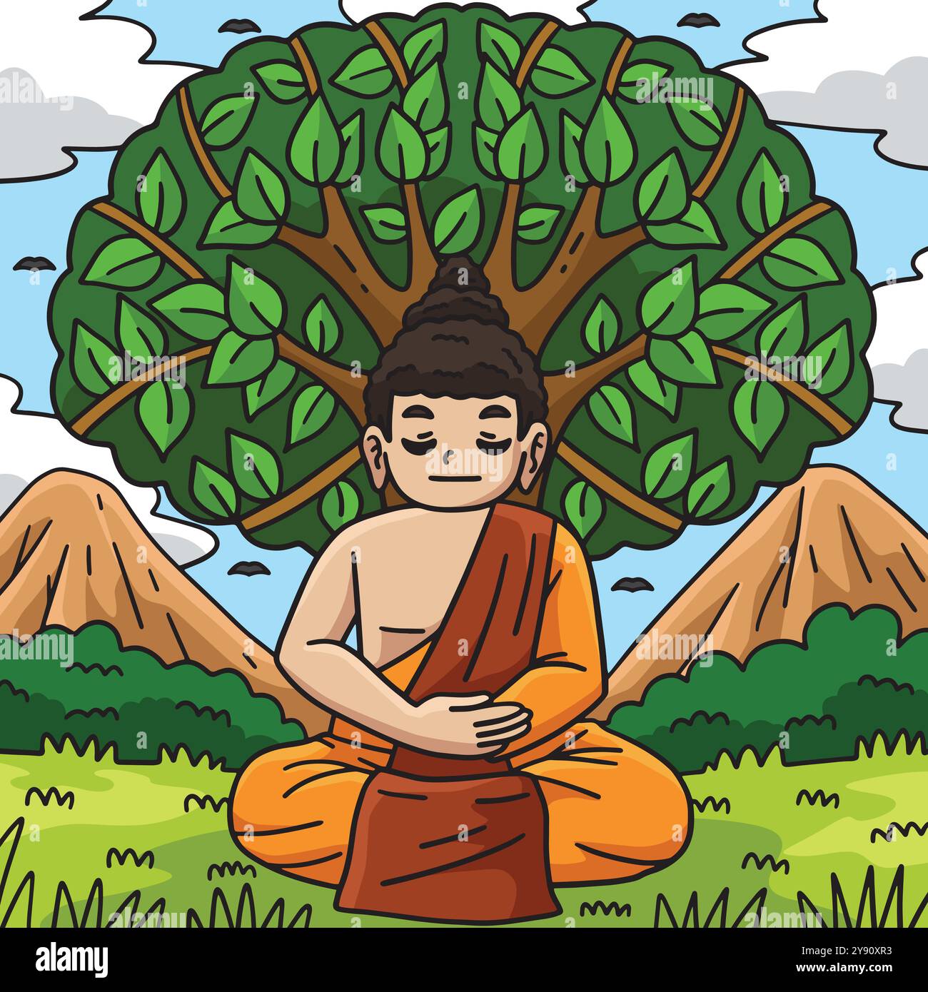 Buddhism Buddha Under a Bodhi Tree Colored Cartoon Stock Vector Image ...
