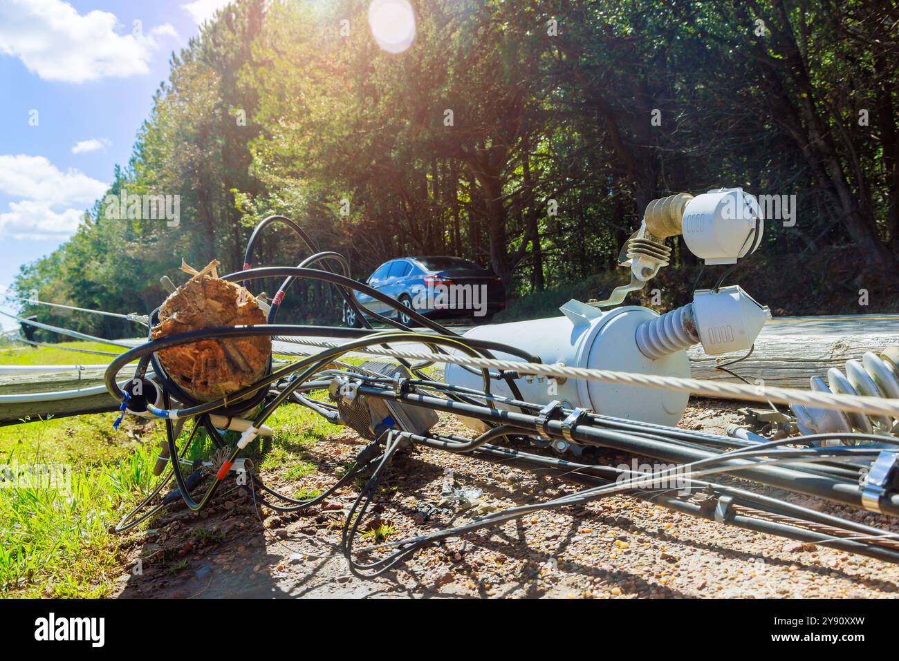 Strong hurricane caused fall down electric poles with broken wires ...