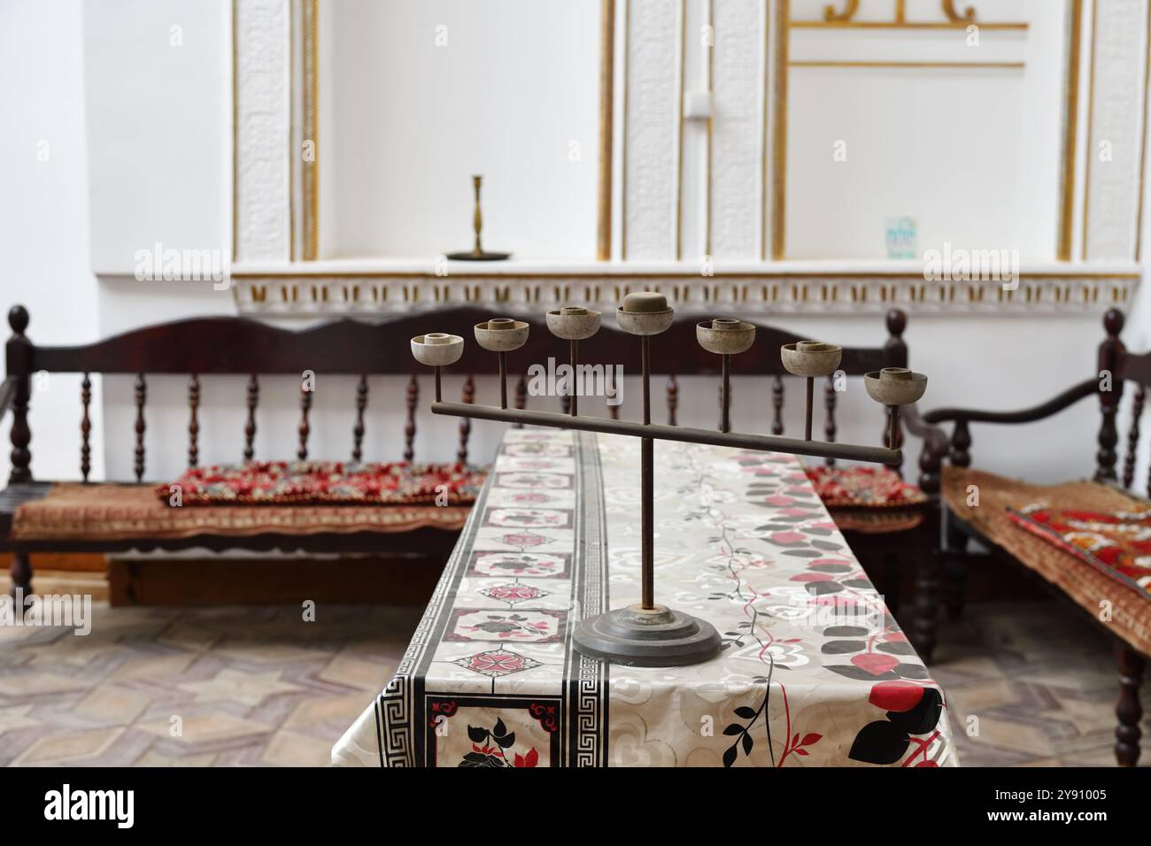 Jewish menorah inside of the Bukhara Synagogue. Uzbekistan. Selective ...