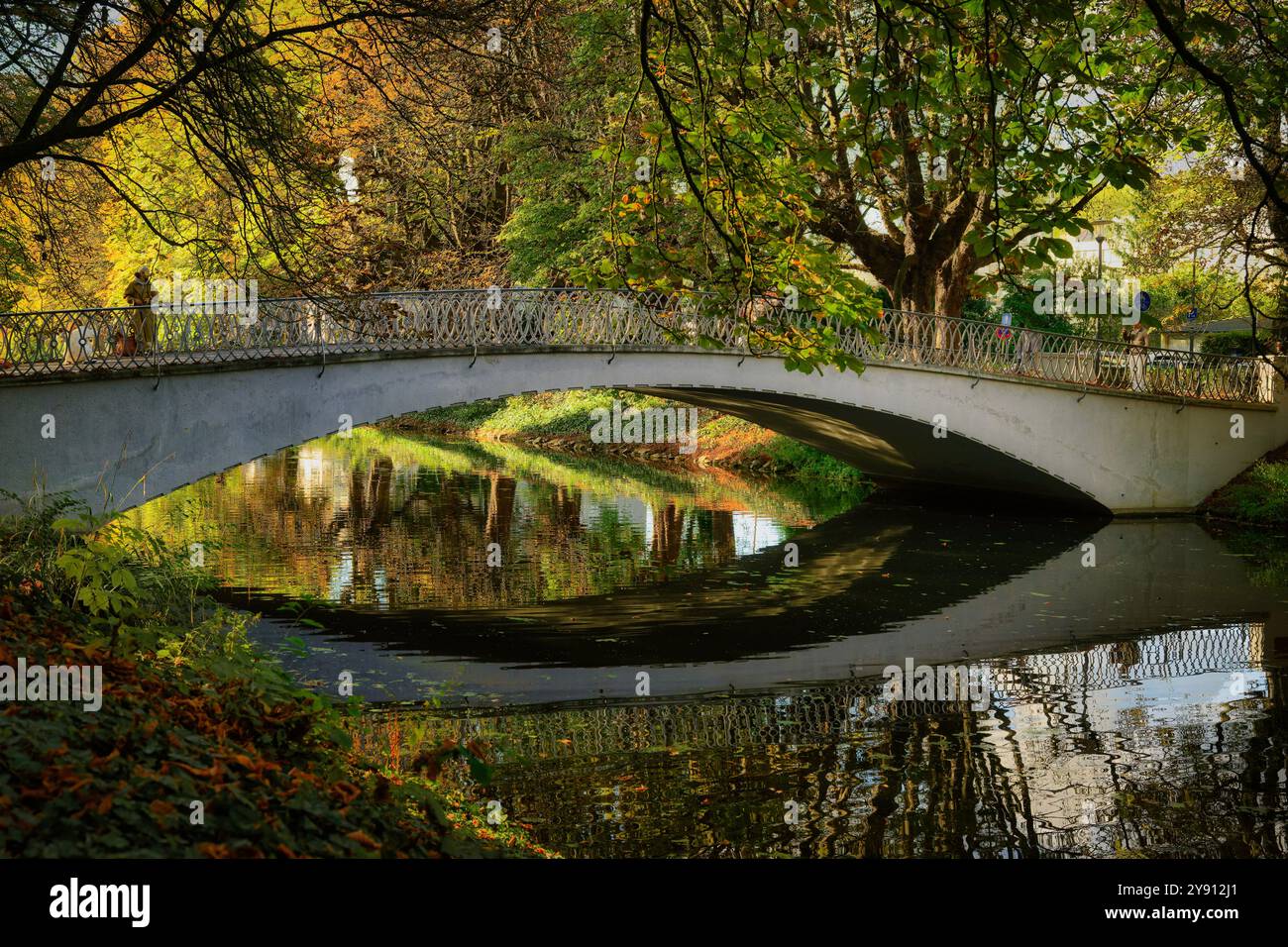 autumnal mood at the curved pedestrian bridge on the clarenbach canal ...