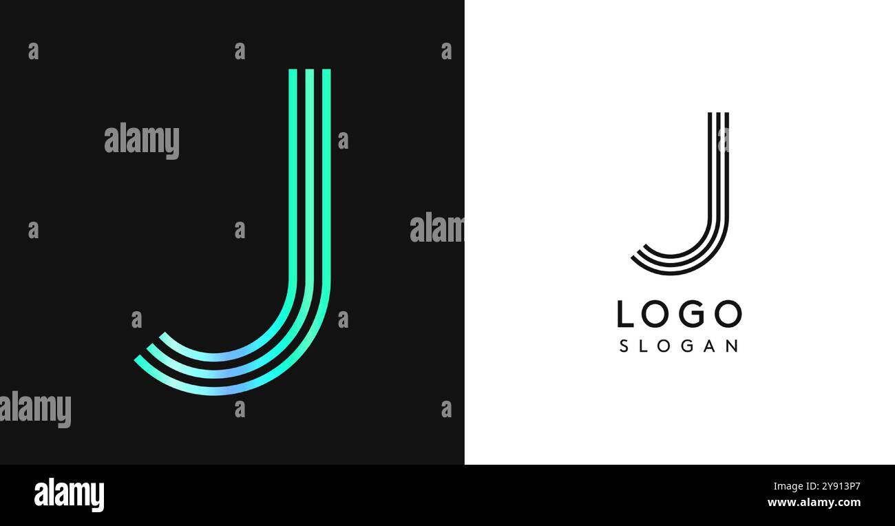 Minimalistic striped letter J, three lines monogram, shiny luxurious ...