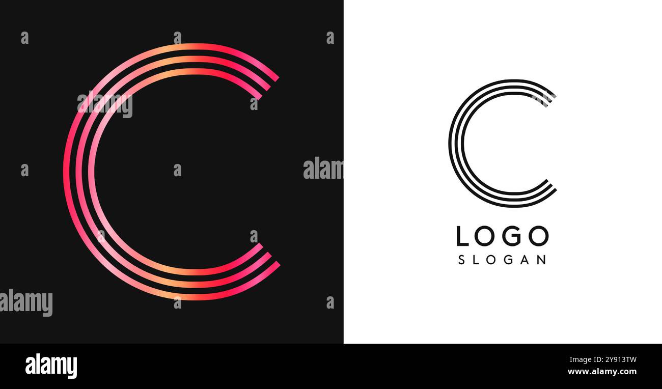 Minimalistic striped letter C, three lines monogram, shiny luxurious ...