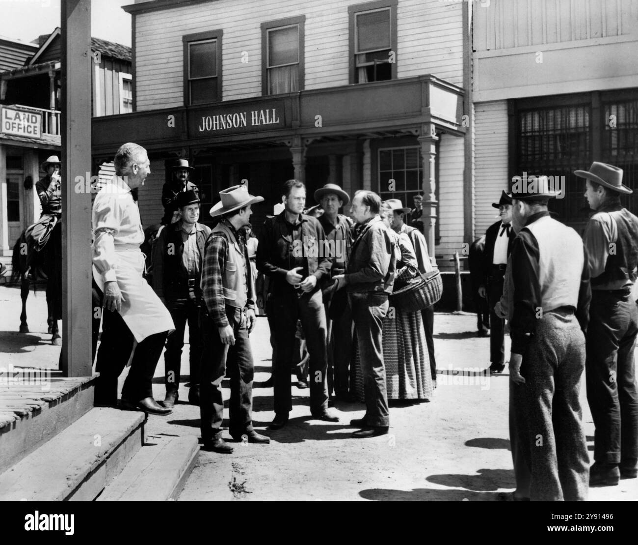 John Agar (sheriff, center), on-set of the western film, "Frontier Gun ...