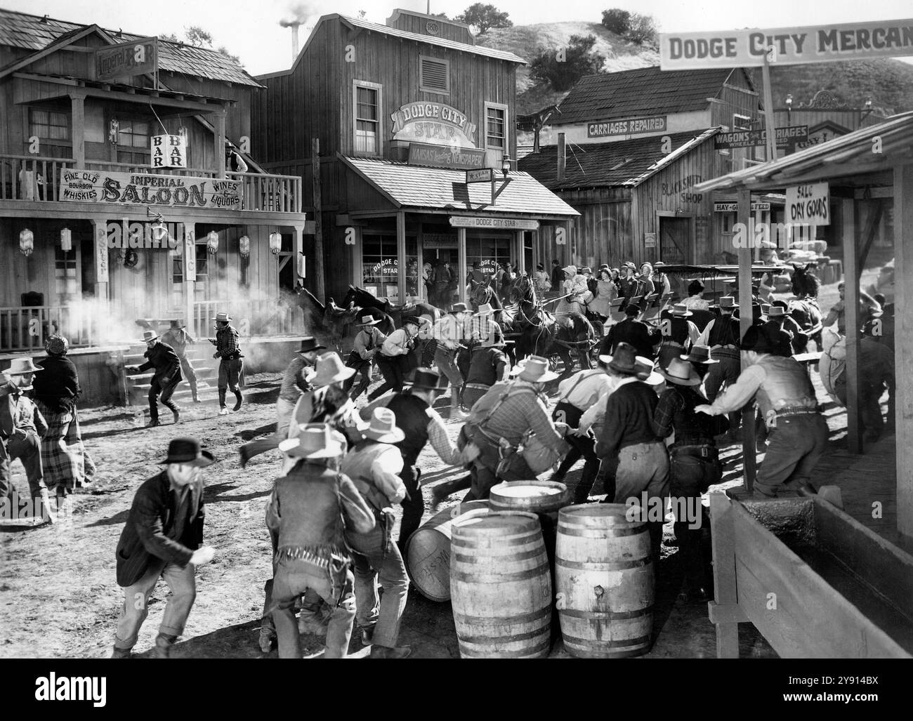 Gunfight and crowd scene, on-set of the western film, "Dodge City ...