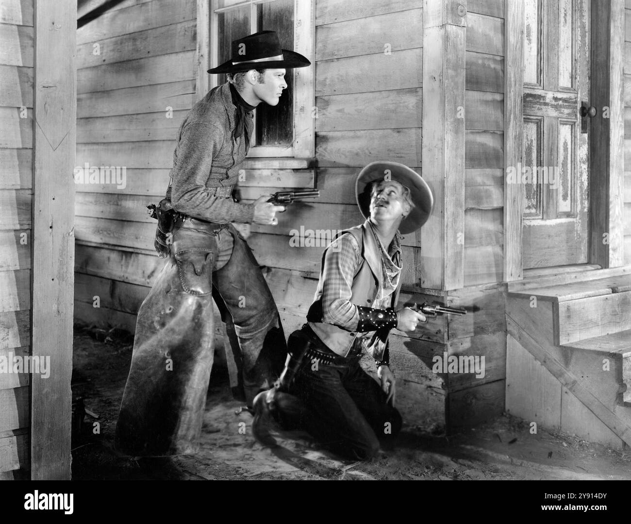 Leif Erickson, Irving Bacon, on-set of the western film, "Drift Fence ...