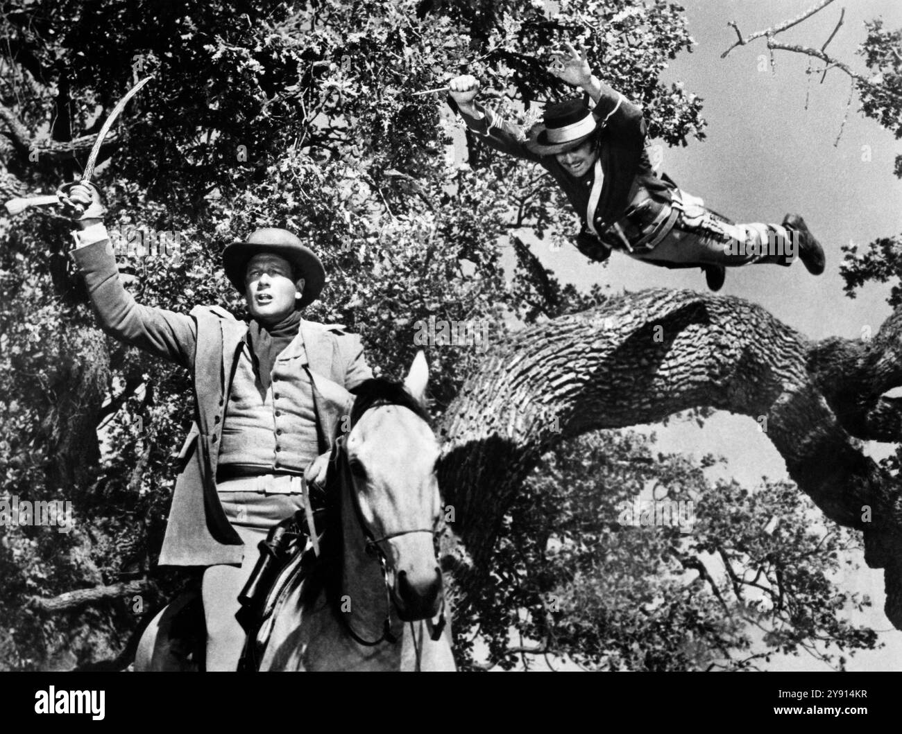 Joel McCrea (on horse), on-set of the western film, "The First Texan ...