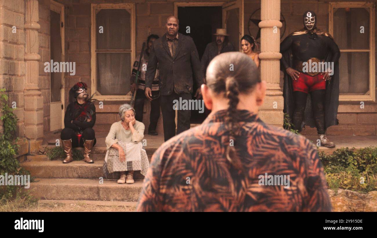 SEVEN CEMETERIES, Danny Trejo (back to camera), Vincent M. Ward (center ...