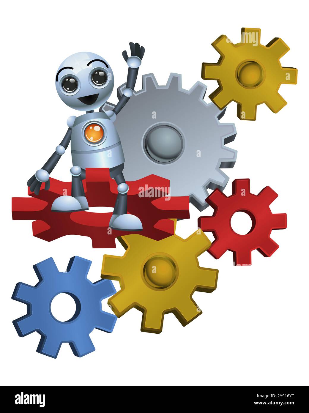 3D illustration of a little robot worker sit on cog wheel on isolated ...