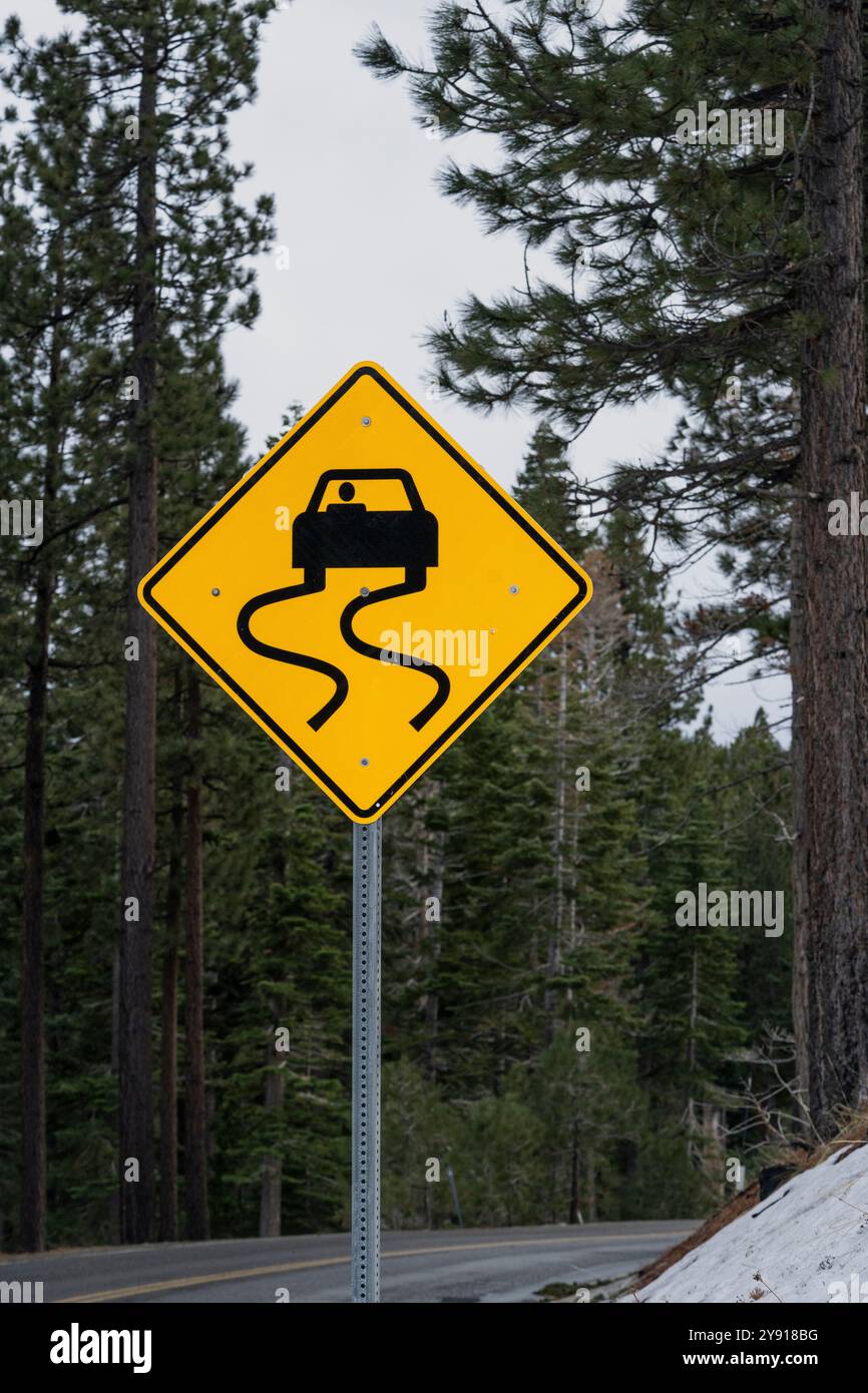 Slippery when wet road sign with forest backdrop. Vertical Stock Photo ...