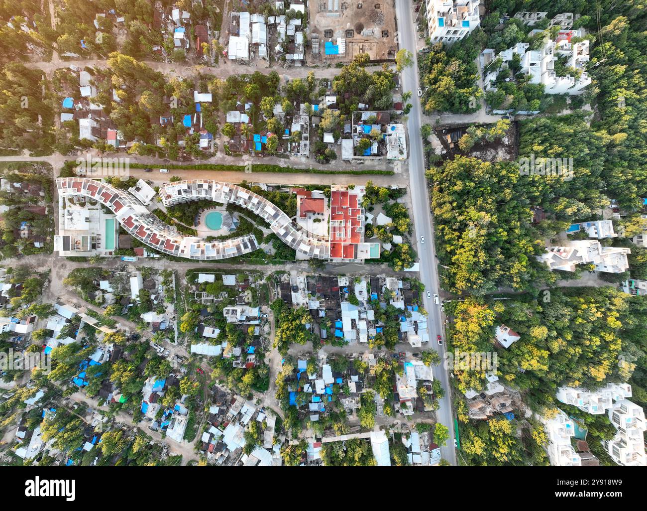 Aerial view of hotels and resorts of Tulum in Yucatan, Mexico at dawn ...