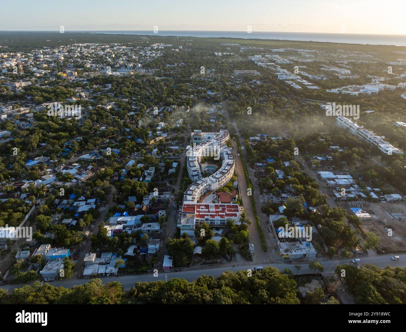 Aerial view of hotels and resorts of Tulum in Yucatan, Mexico at dawn ...