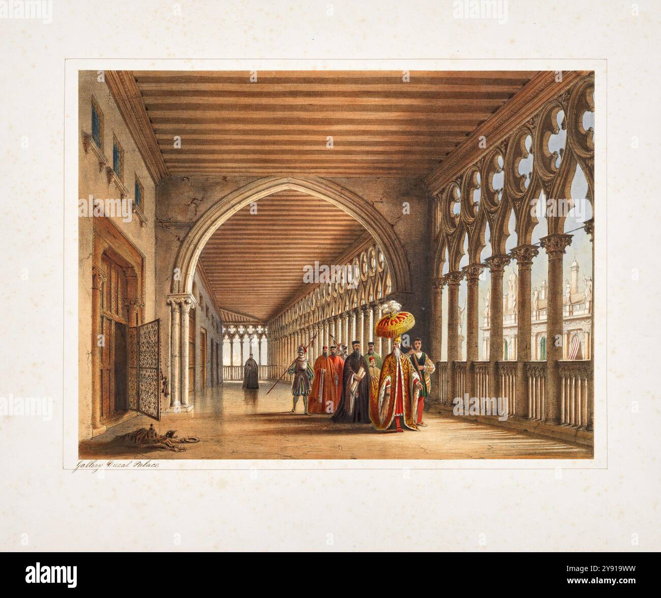 "Gallery Ducal Palace". Vintage lithograph of Venice, Italy. Drawing by ...