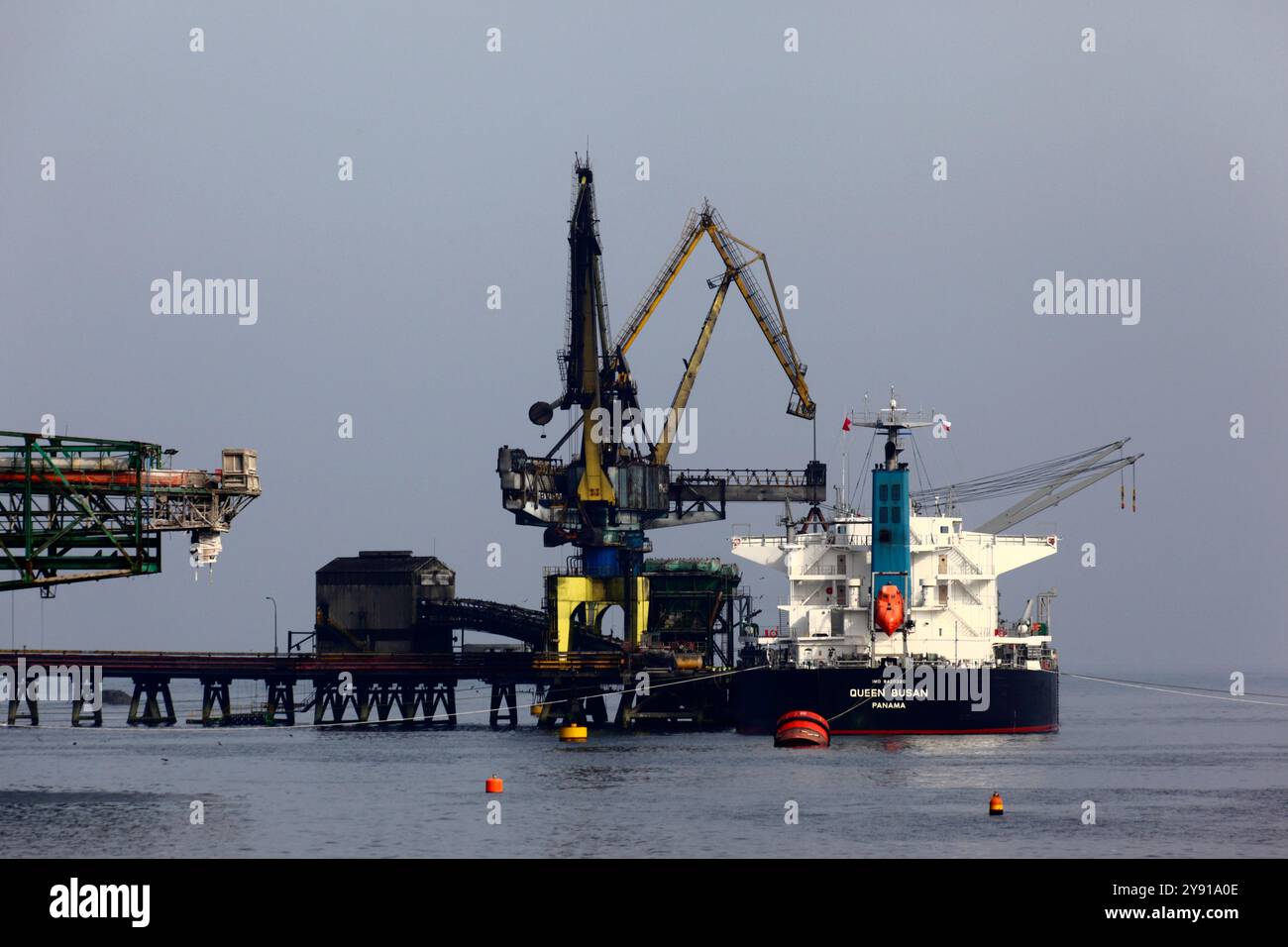 Gantry cranes loading mineral ore onto the bulk carrier Queen Busan ...