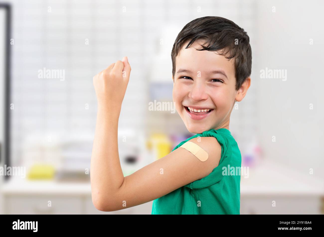 Boy kid, vaccine, medicine and flex muscle for wellness.Male child ...
