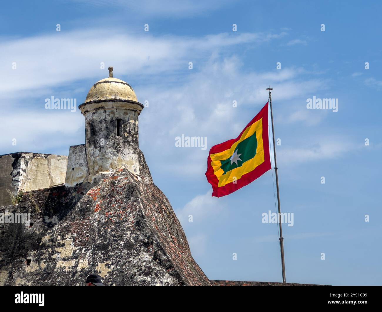 View of the beautiful waving flag of Colombia and Cartagena Stock Photo ...