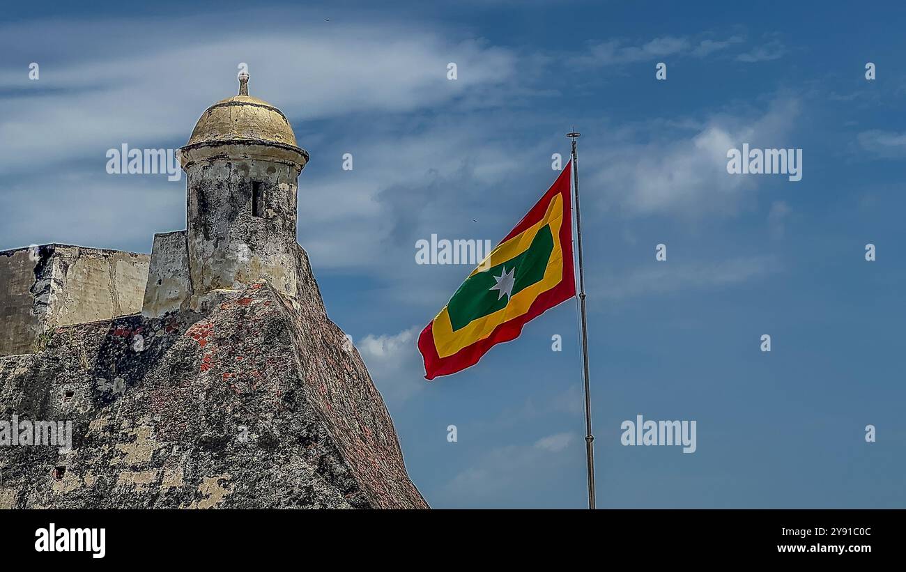 View of the beautiful waving flag of Colombia and Cartagena Stock Photo ...
