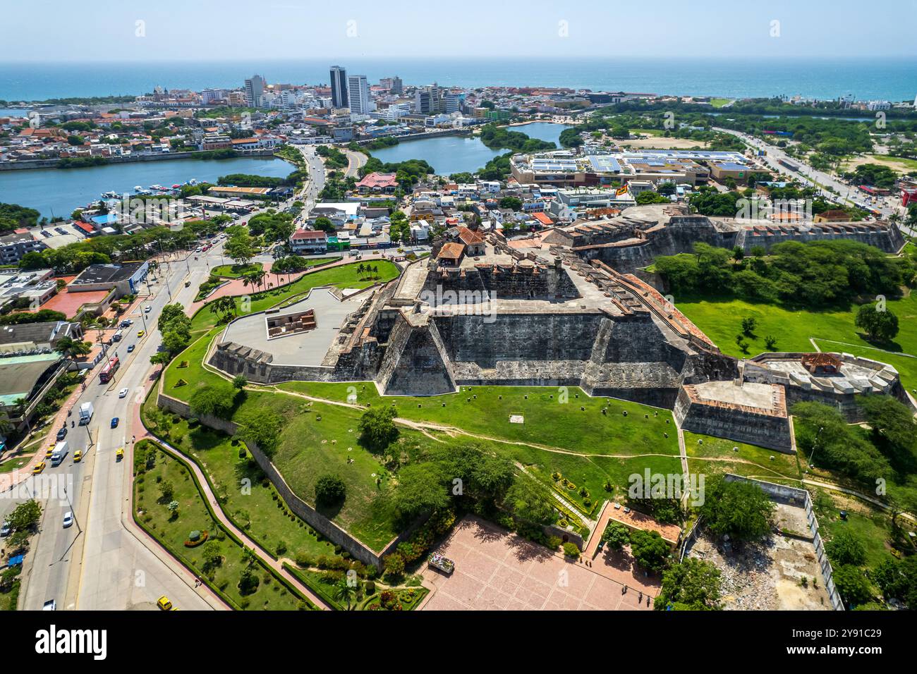 Beautiful aerial drone view of the San Felipe Castle, with the huge ...