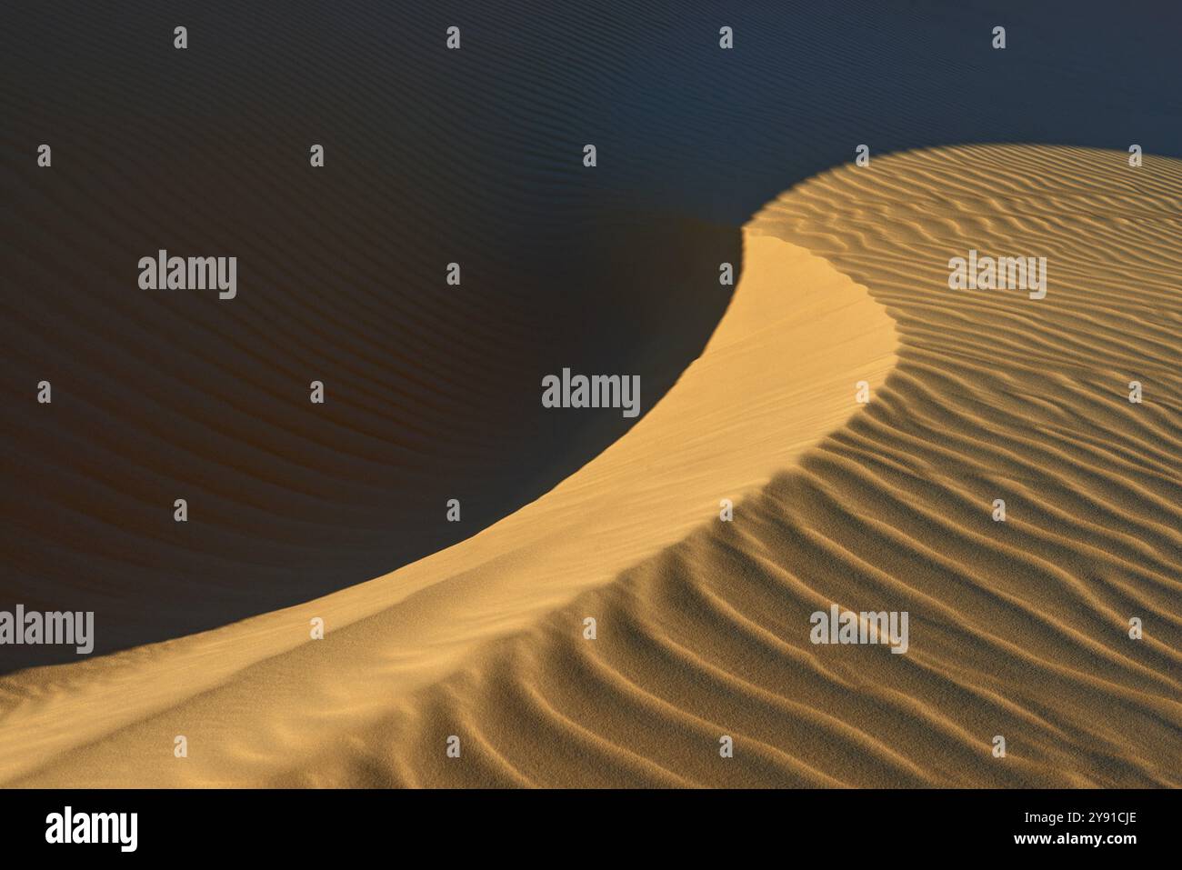 Sand dunes with soft shadows and glowing light accents in a desert ...