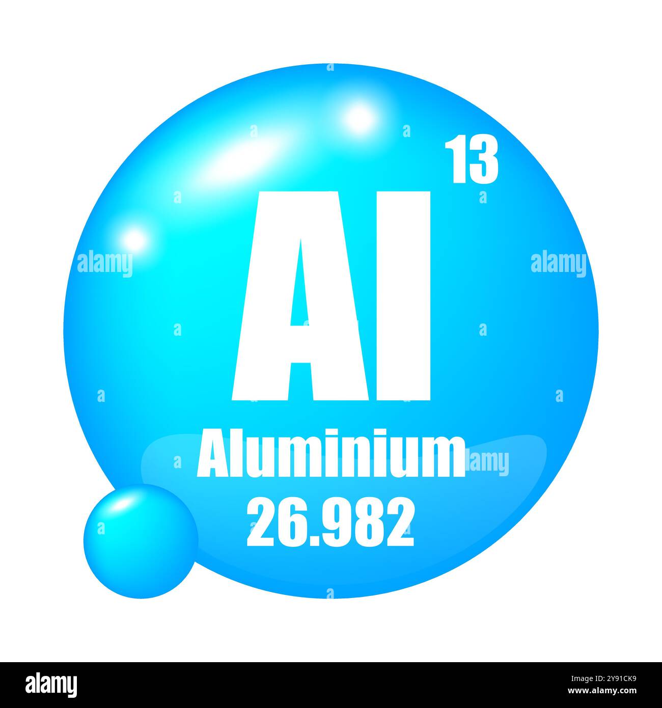 Aluminium element icon. Atomic number 13. Atomic mass 26.982. Blue ...