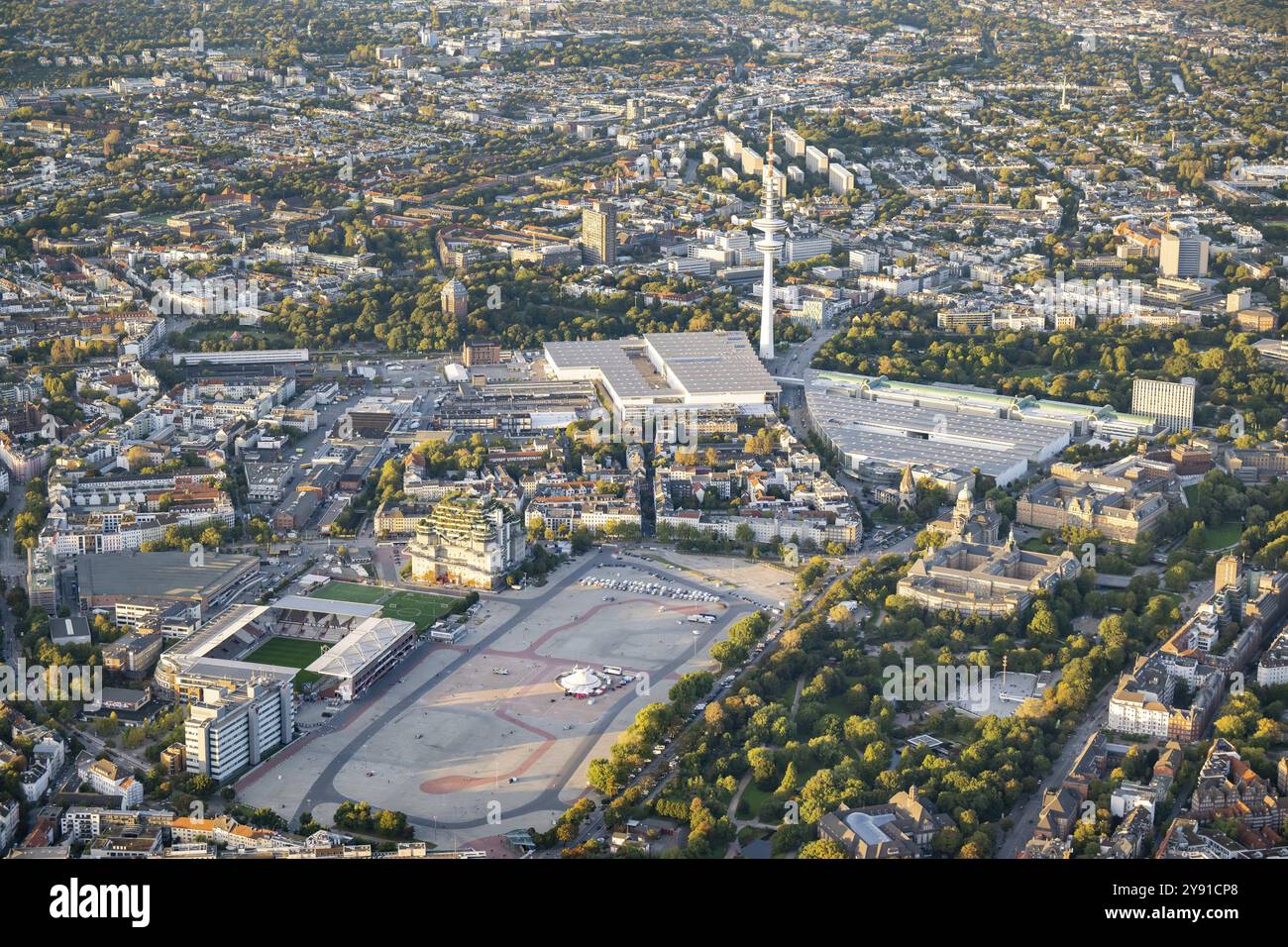 Aerial view of St Pauli with Heiligengeistfeld, green bunker ...