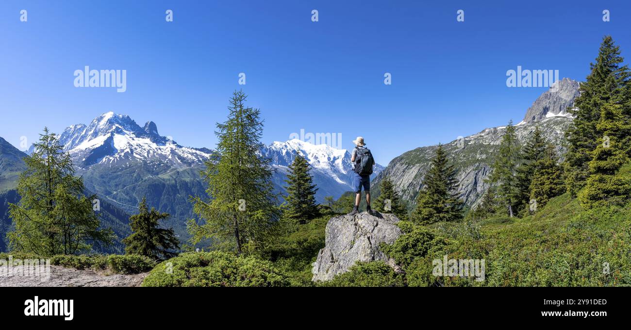 Mountaineer standing on rocks, mountain panorama with glaciated ...