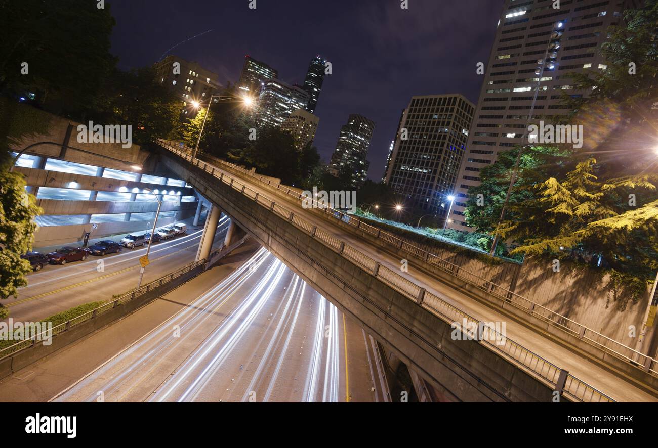 A long exposure at night over the expressway in Seattle Washington ...