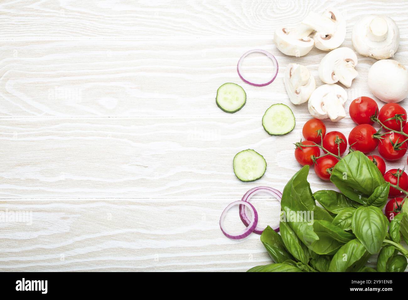 Food cooking background: fresh ingredients basil, cherry tomatoes ...