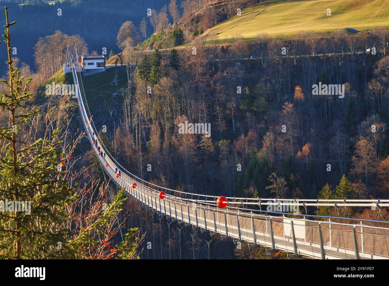 A suspension bridge stretches across a forest valley with a hermit's ...