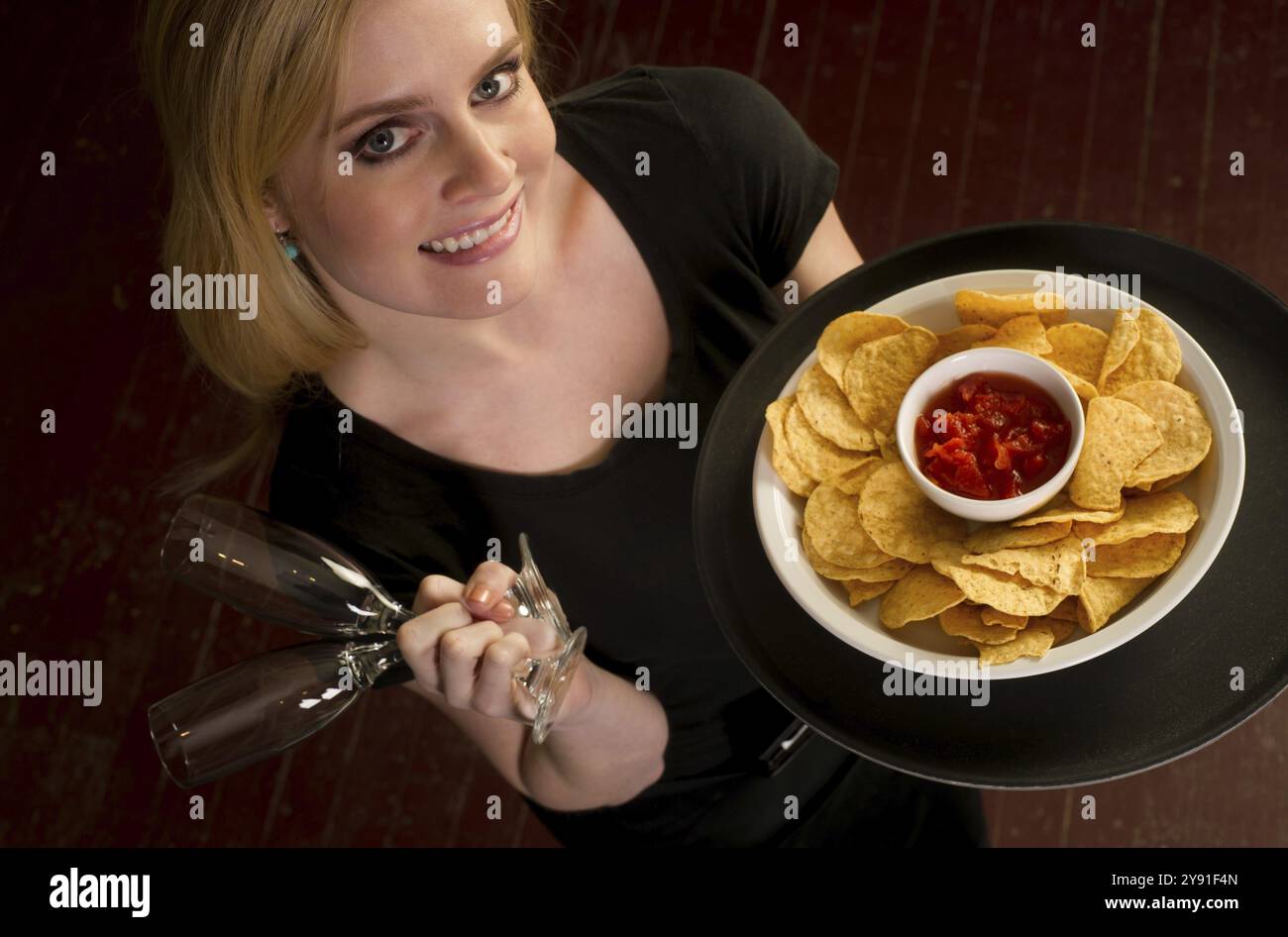 Beautiful Blonde Server Waitress Carries Tray Wine Glasses Blue Eyes ...