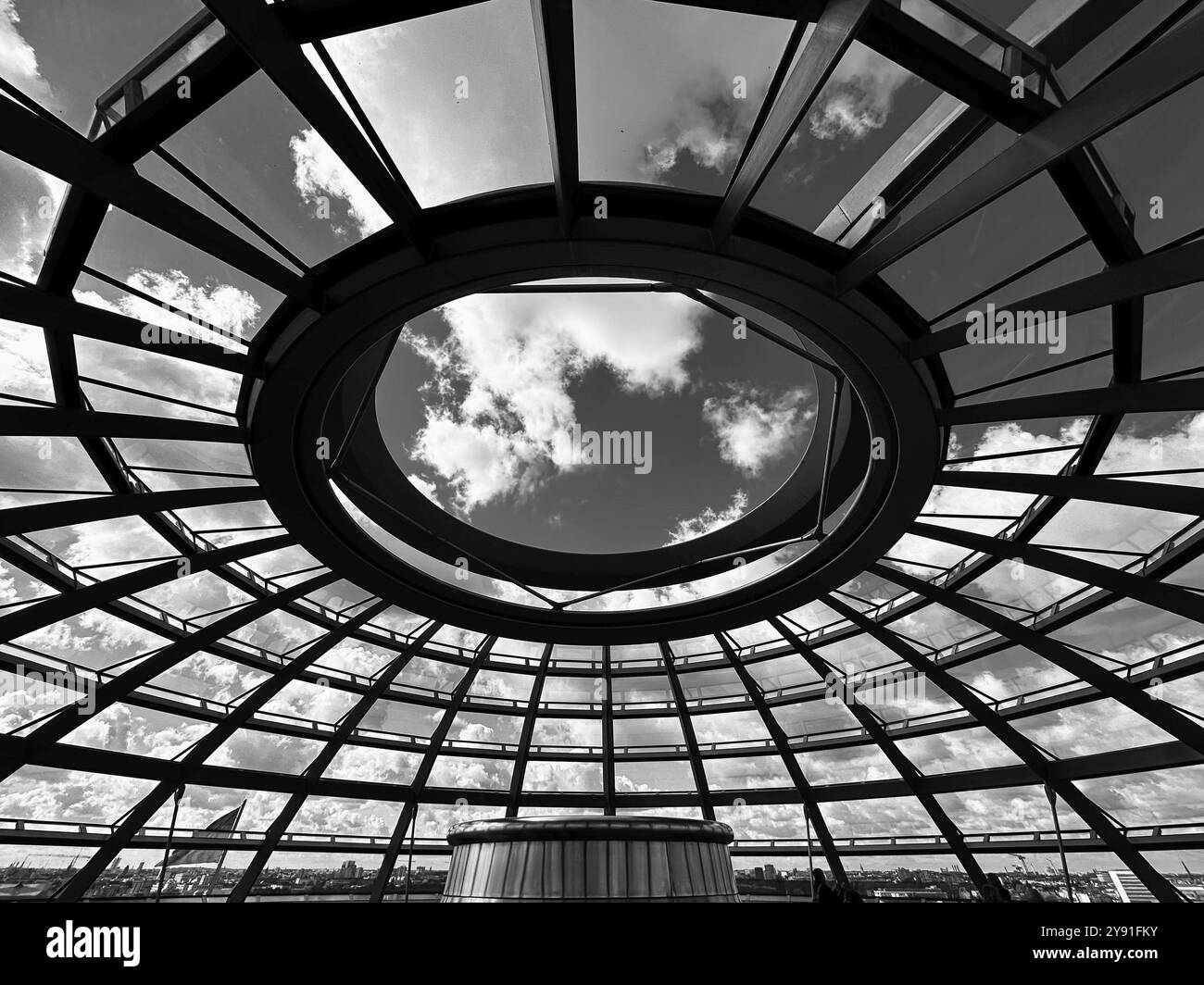 Roof construction of the Reichstag dome in Berlin, black and white ...