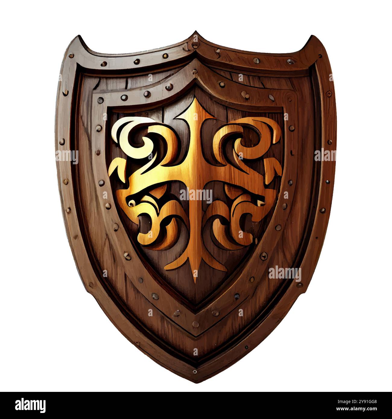 Wooden shield with golden decor game icon. Medieval knight ammo, wood ...