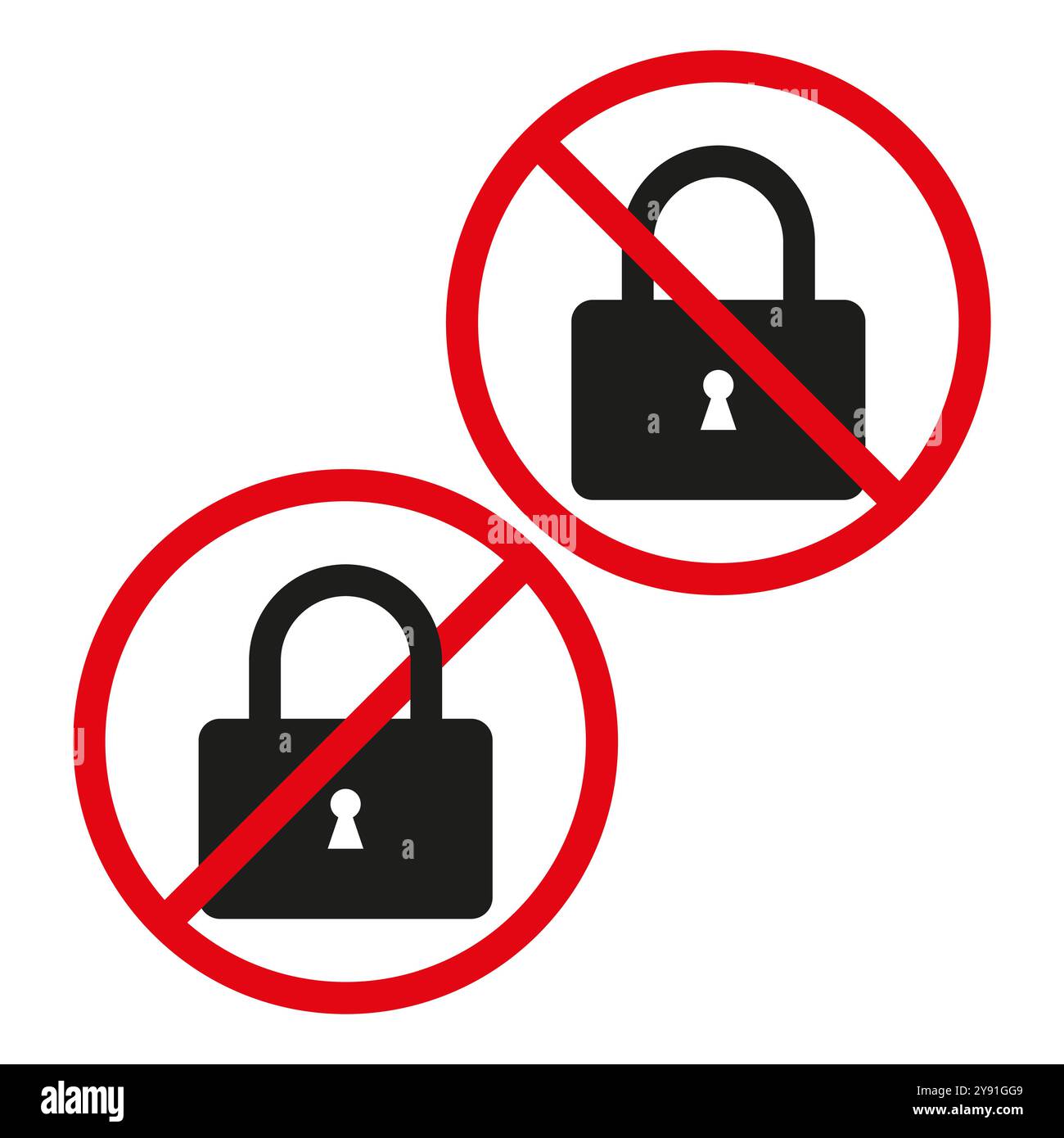 No lock icon. Padlock prohibition symbol. Red circle with padlock ...