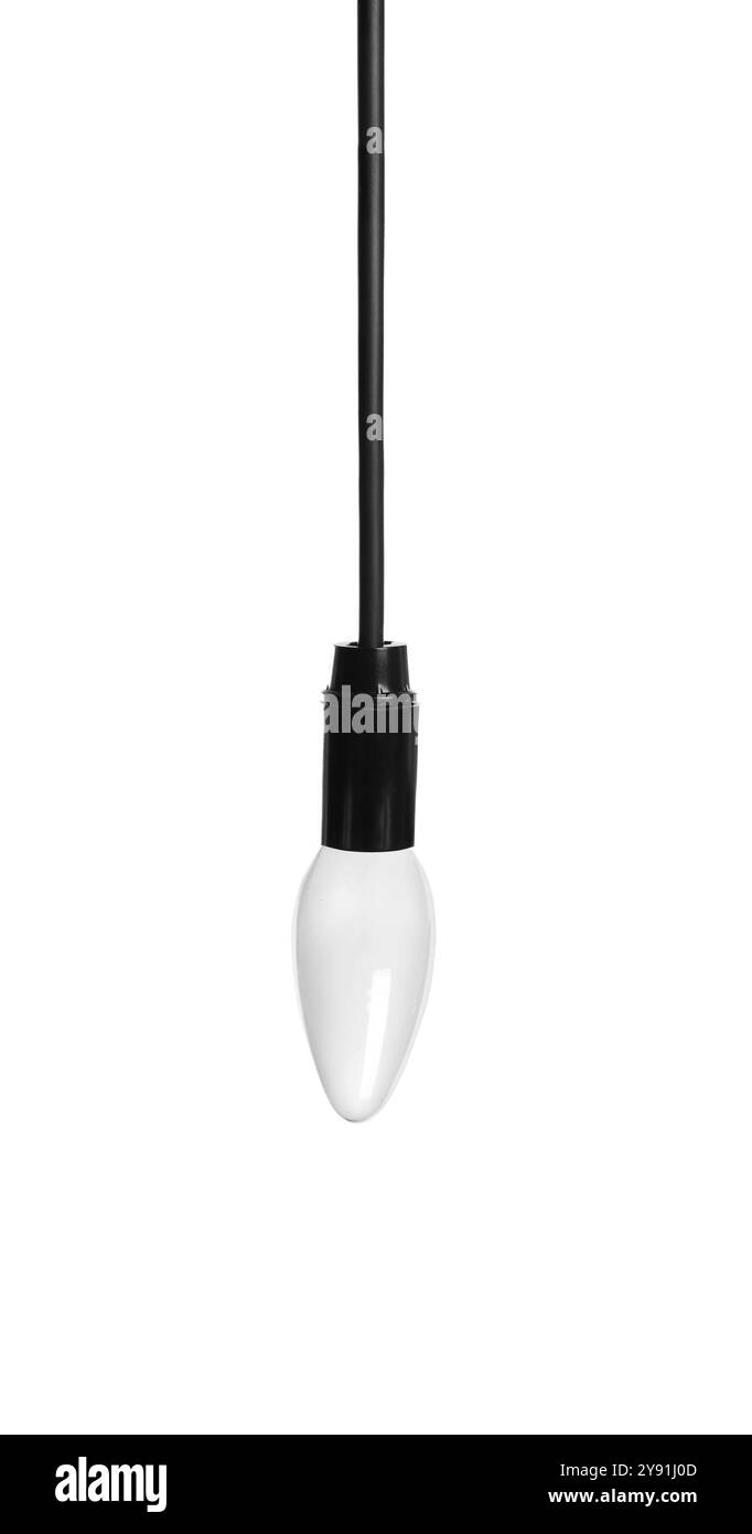 One light bulb hanging on white background Stock Photo - Alamy
