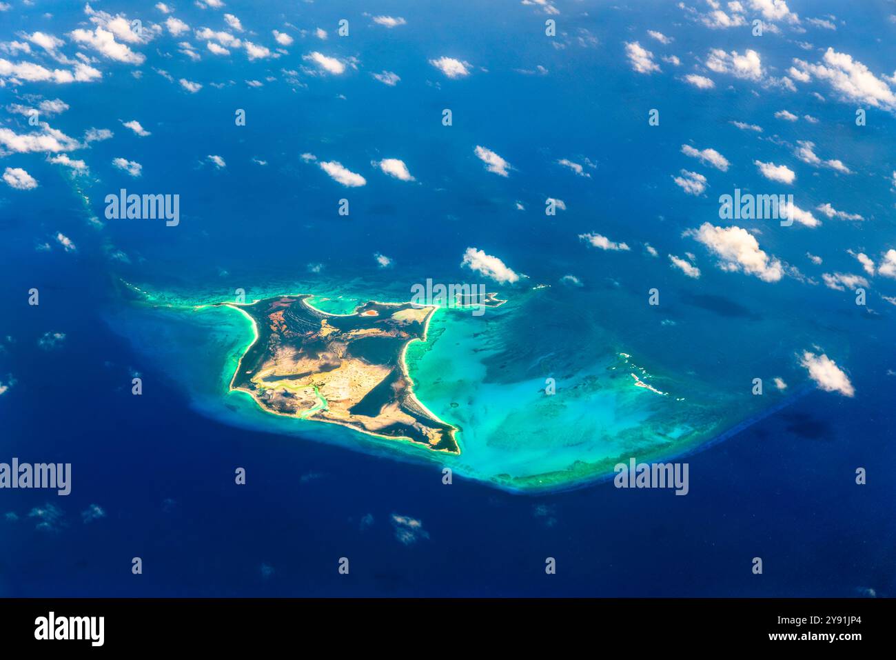 Aerial view of Conception Island in the Atlantic Ocean of the Bahamas ...