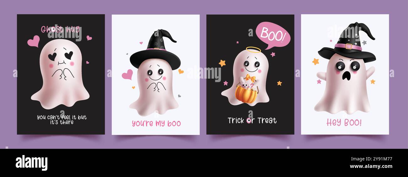 Ghost characters card vector poster set design. Halloween trick or ...