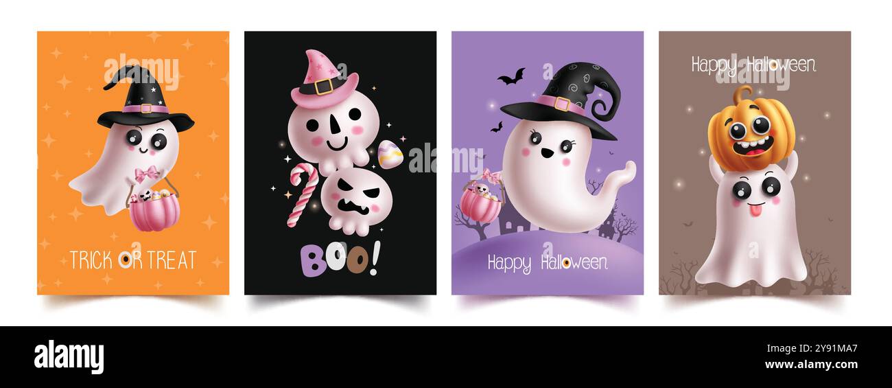 Halloween ghost characters vector poster set design. Trick or treat ...