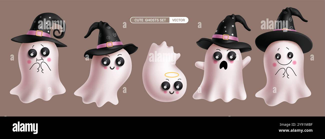 Ghost characters vector set design. Halloween cute ghost character ...