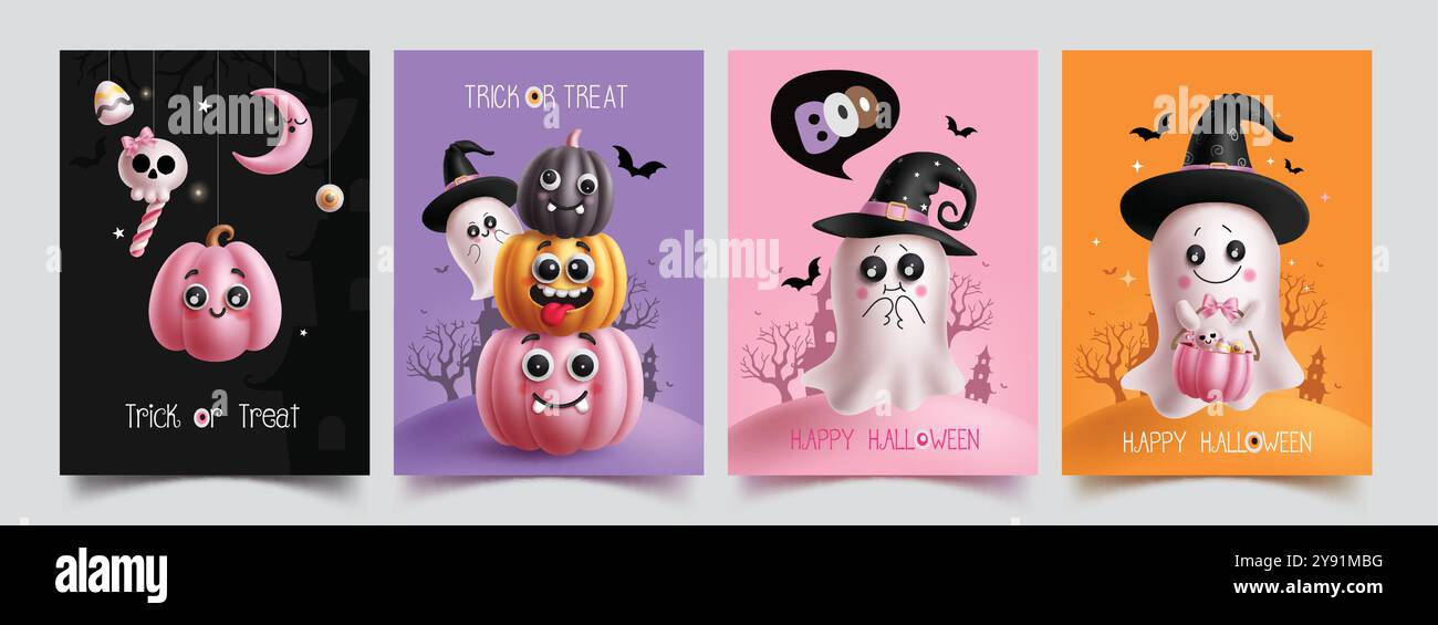 Halloween trick or treat vector poster set design. Happy halloween ...