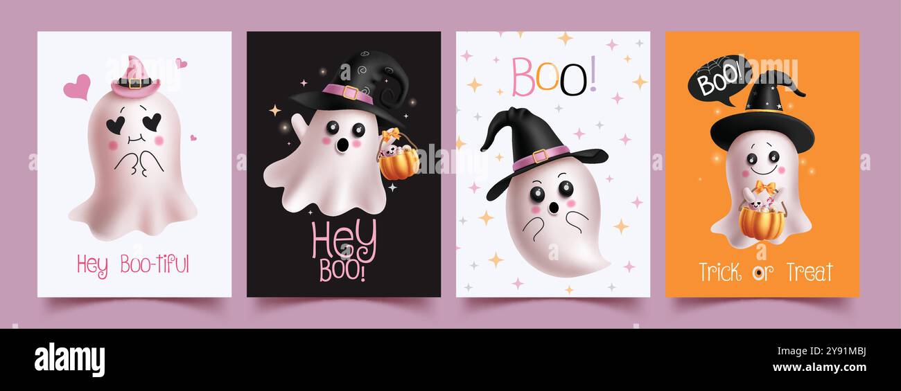 Ghost characters vector poster set design. Halloween trick or treat ...