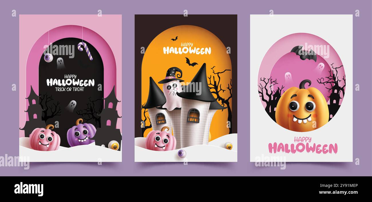 Halloween greeting card vector poster set. Happy halloween greeting ...