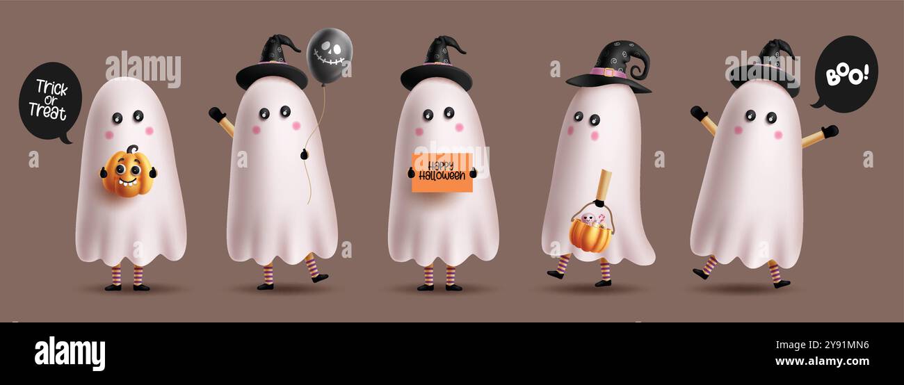Halloween ghost characters vector set design. Halloween kids wearing ...