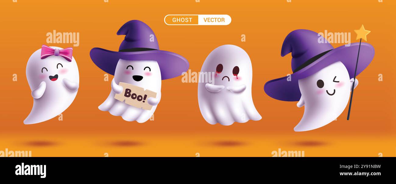 Halloween Ghost Character Set Vector Design Ghost Character Floating Monster Magician Happy