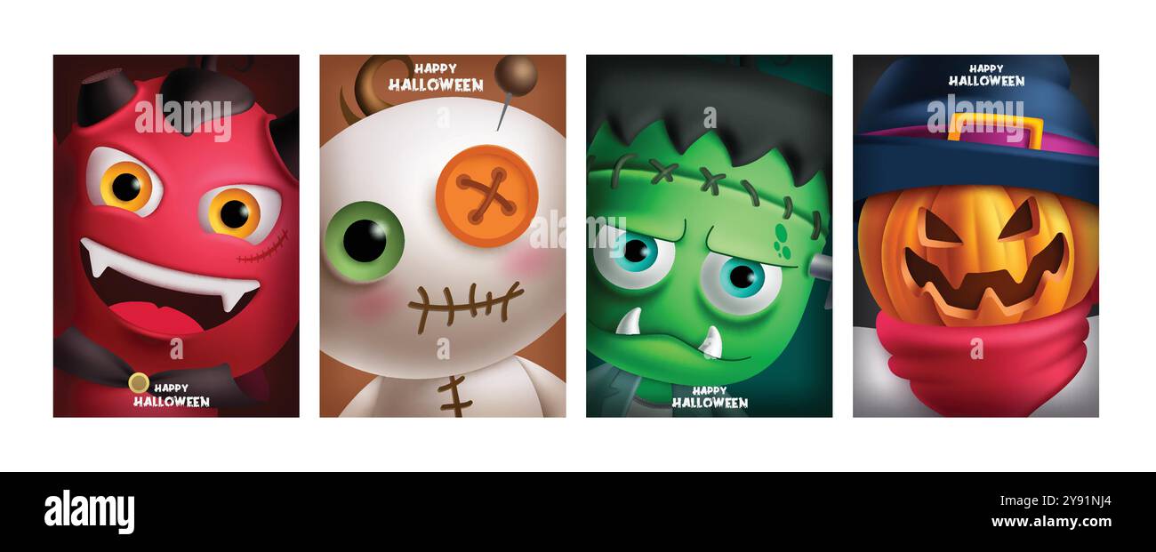 Halloween characters greeting card vector poster design. Happy ...