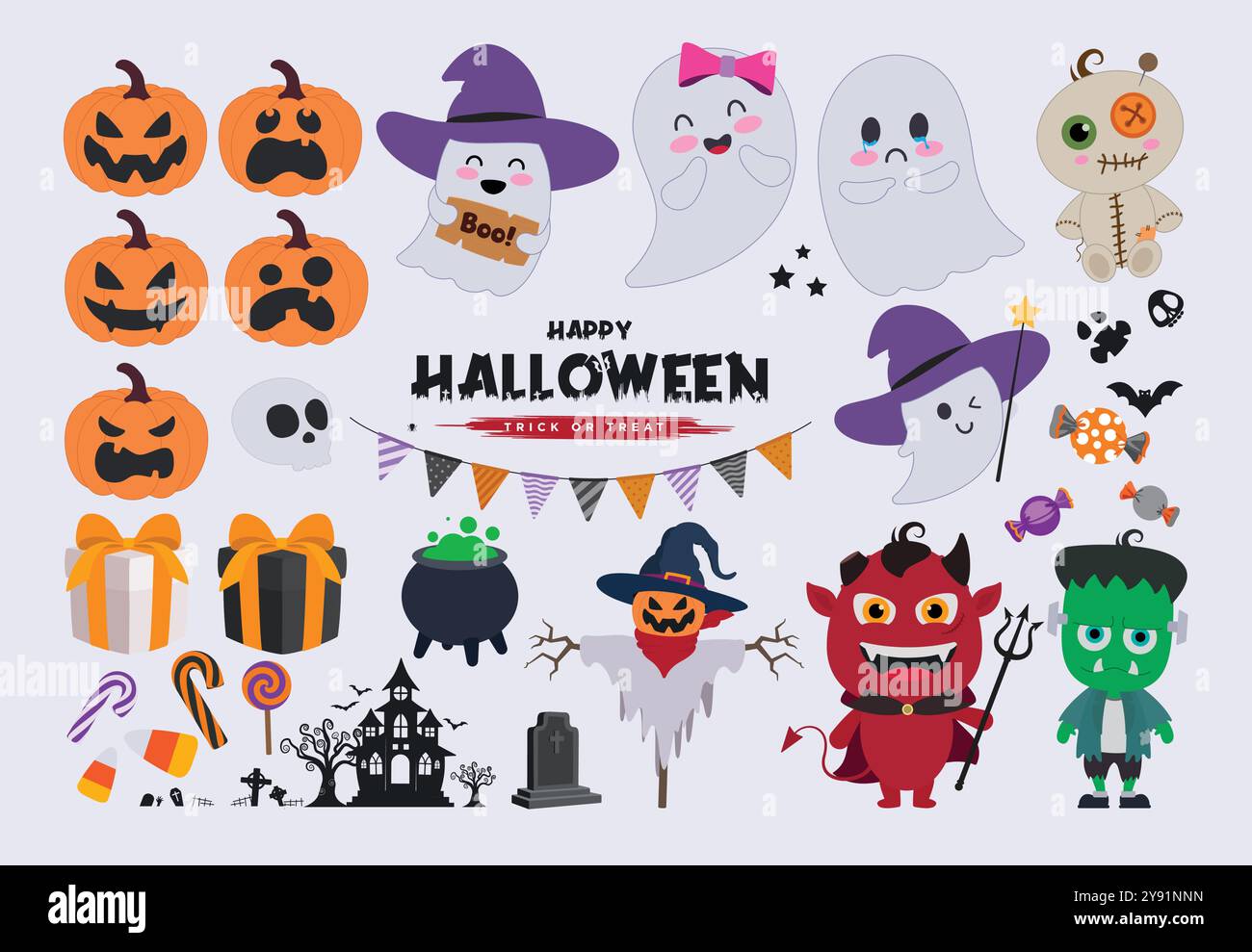 Halloween elements vector set design. Happy halloween text with ...